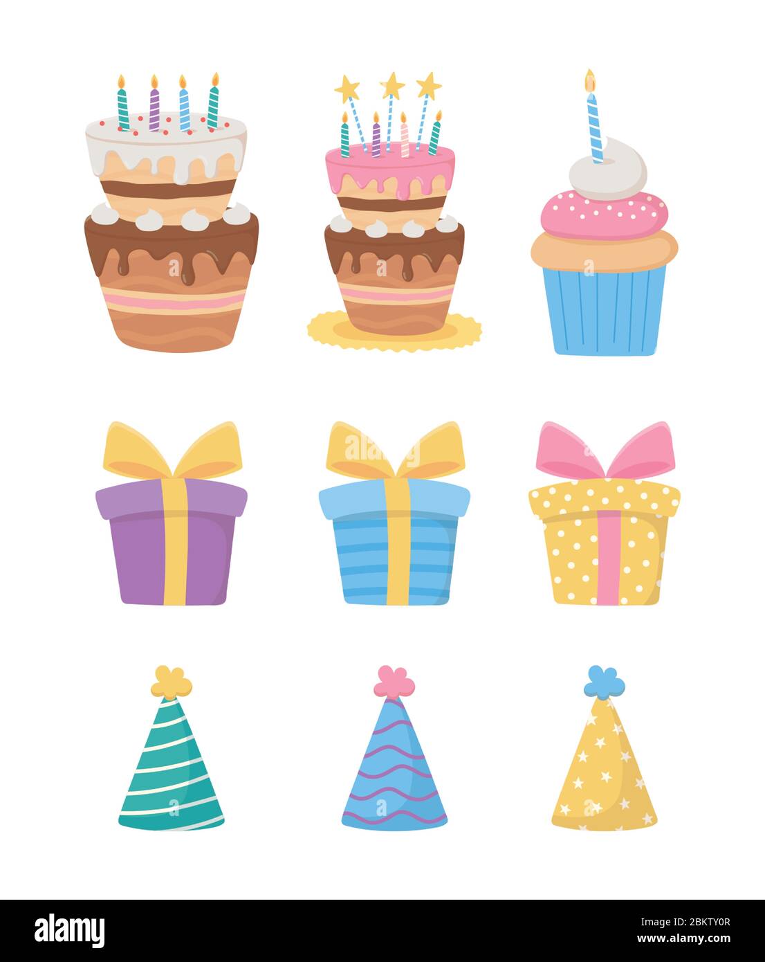 happy birthday, cakes with candles cupcake gift boxes party hats ...