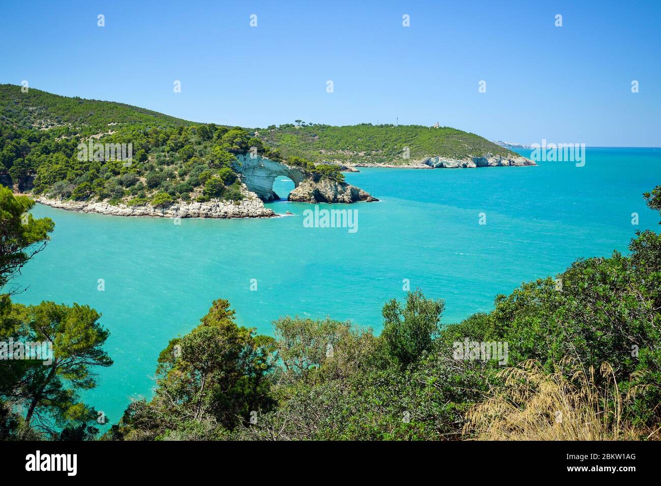 Apulia coast: panoramic view of San Felice Bay with Architello (little ...