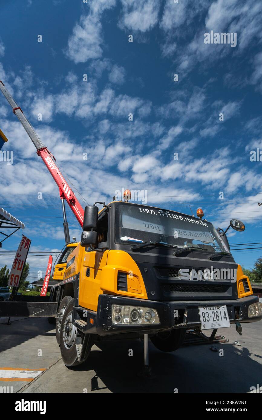 THAILAND, CHIANG MAI - May 2, 2019: Yellow automobile crane with risen ...