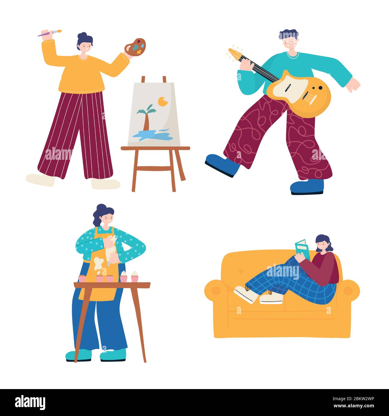 people activities, girls drawing, reading cooking and boy playing ...