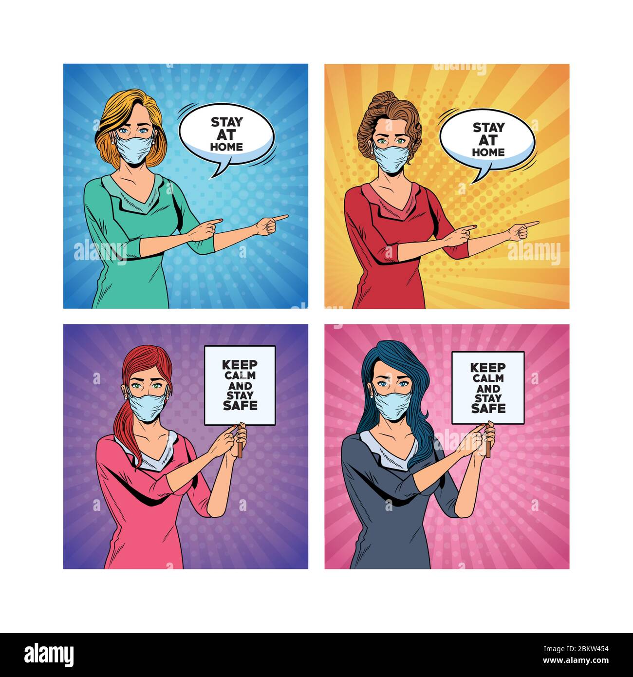 women using face masks for covid19 saying messages and banners Stock ...