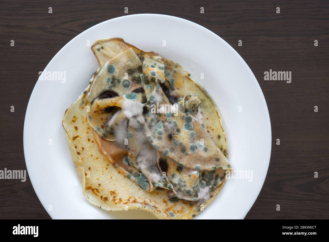 Mold on pancake. Spoiled inedible flour product affected by young moldy ...