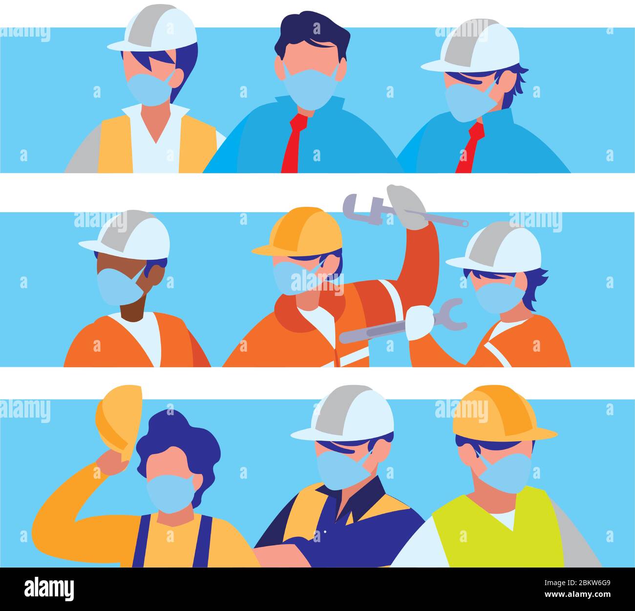 Industrial workers working with face mask vector illustration design ...