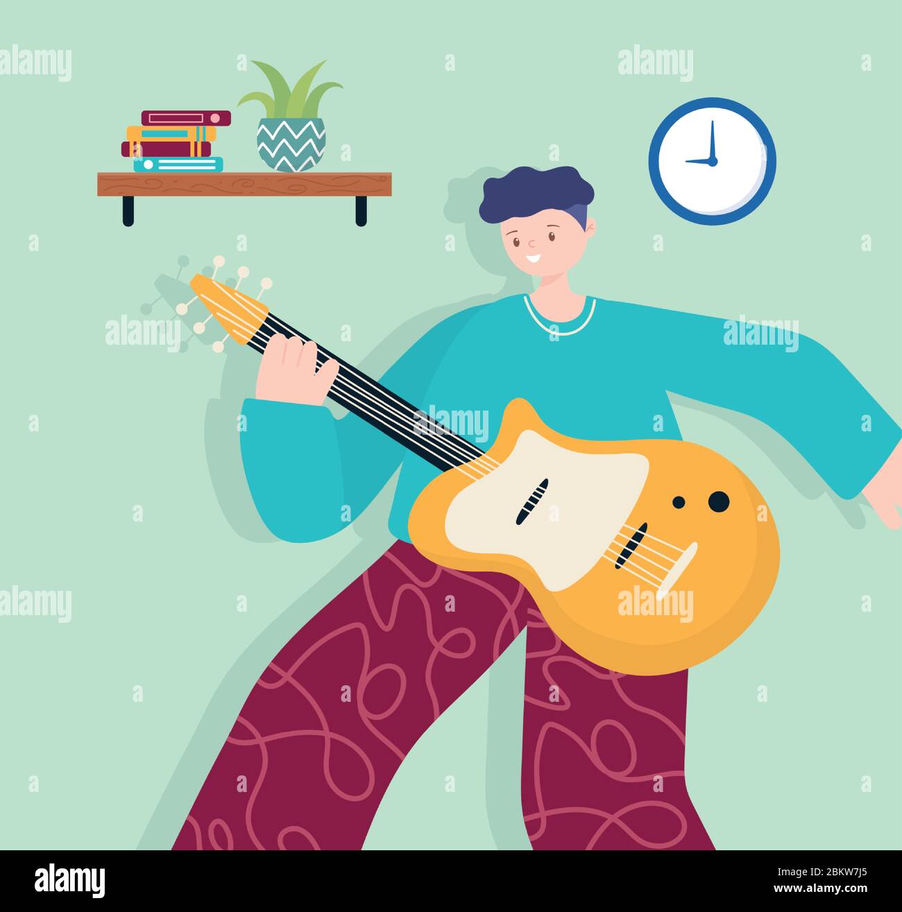 people activities, young man with guitar music instrument in room ...