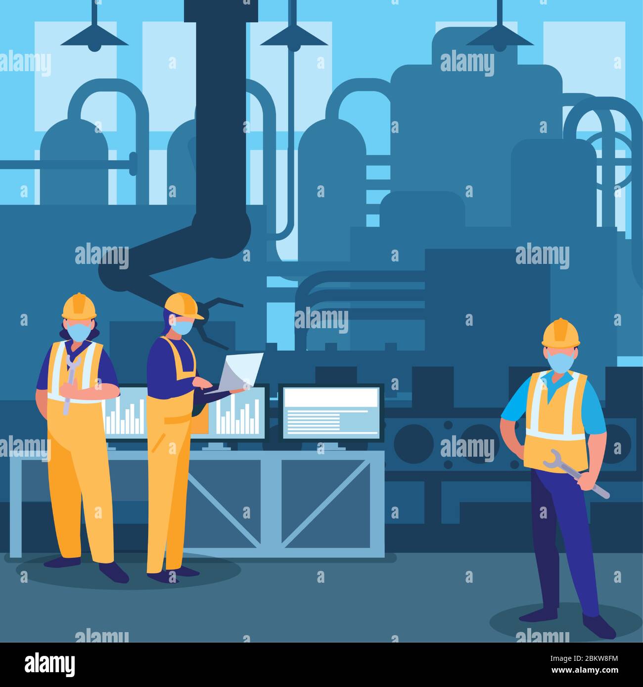 industrial workers men working with face mask vector illustration ...