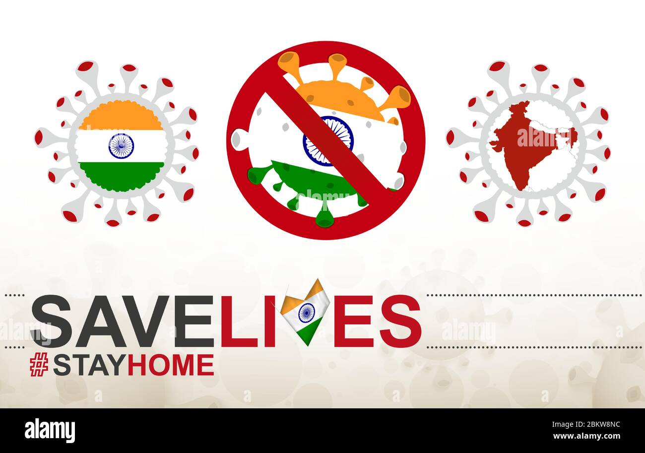 Coronavirus cell with India flag and map. Stop COVID-19 sign, slogan ...