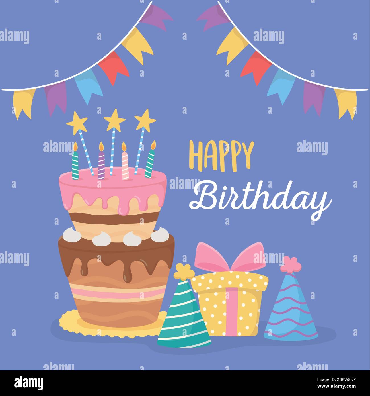 happy birthday, cake candles party hats gift box and pennants ...