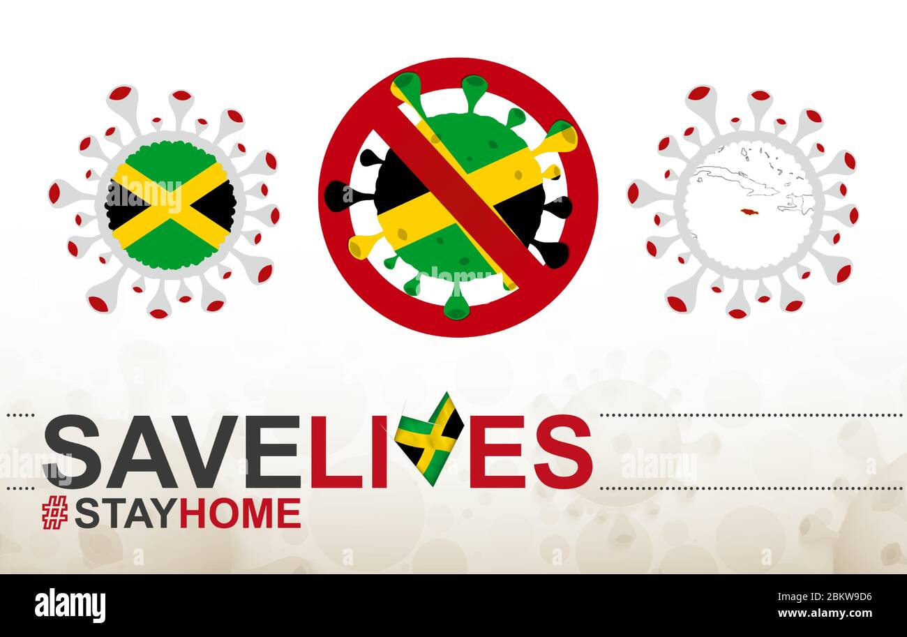 Coronavirus cell with Jamaica flag and map. Stop COVID-19 sign, slogan ...