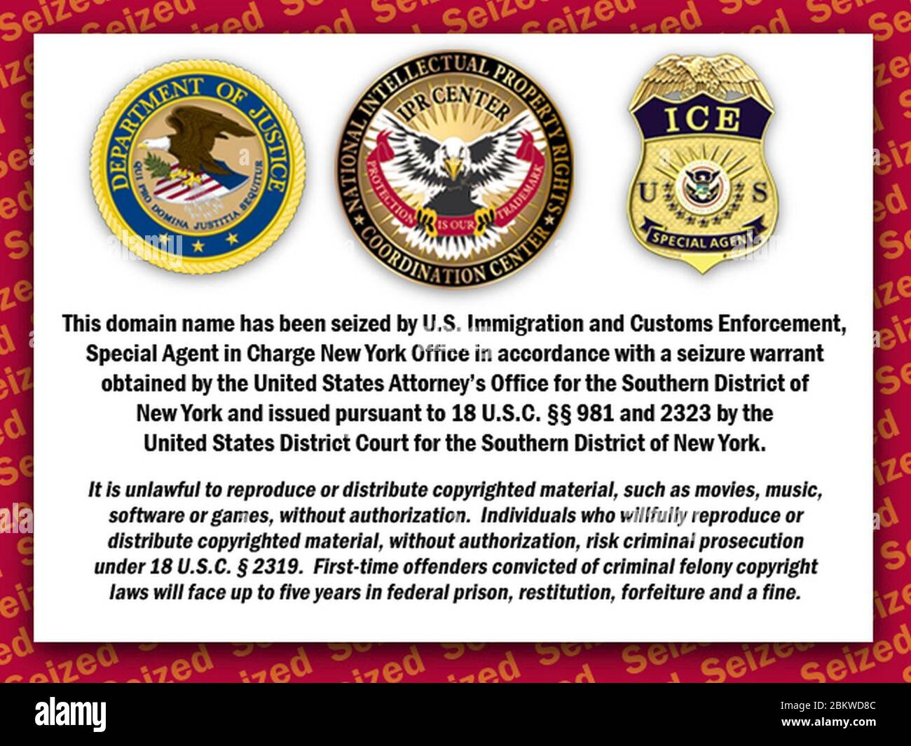 ICE Site Seized Notice Stock Photo - Alamy
