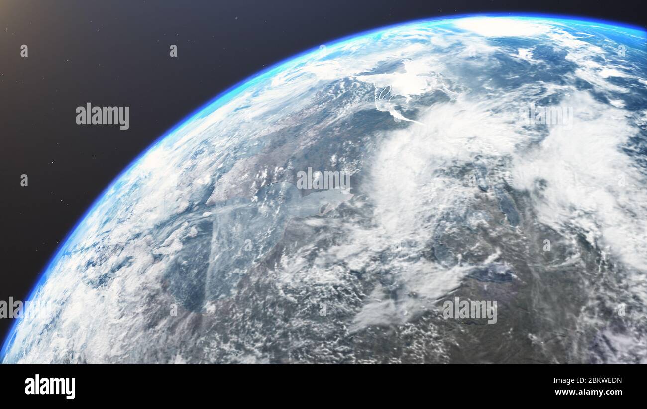 3D rendering of a view of the planet Earth from space. On the surface ...