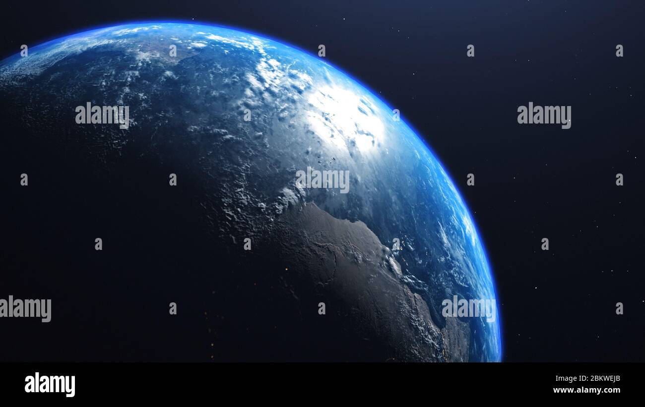 3D rendering of a view of the planet Earth from space. On the surface ...