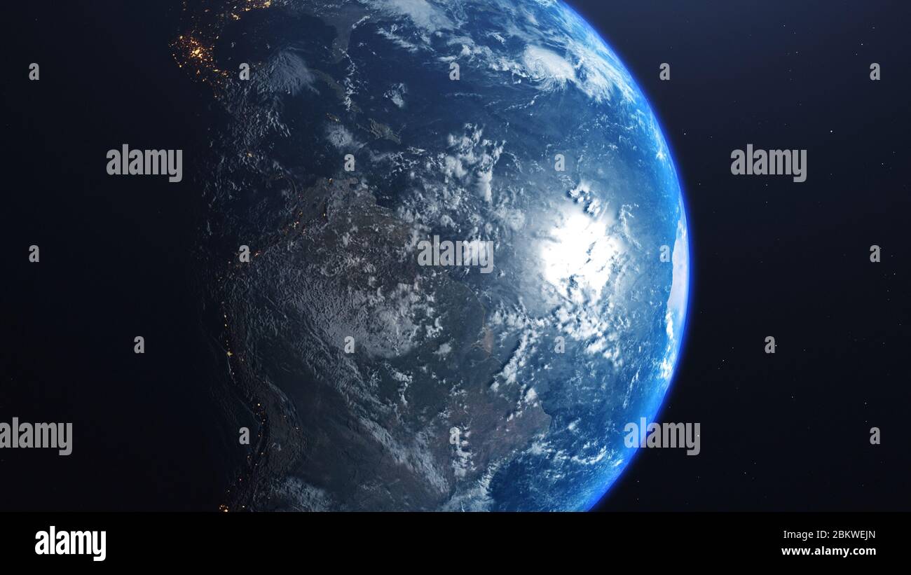 3D rendering of a view of the planet Earth from space. On the surface ...