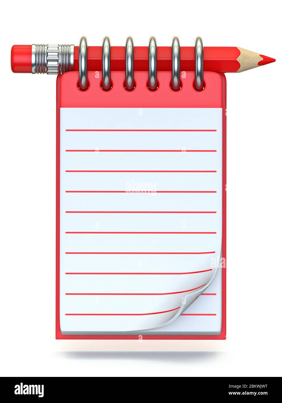 Red pencil and notepad 3D render illustration isolated on white ...