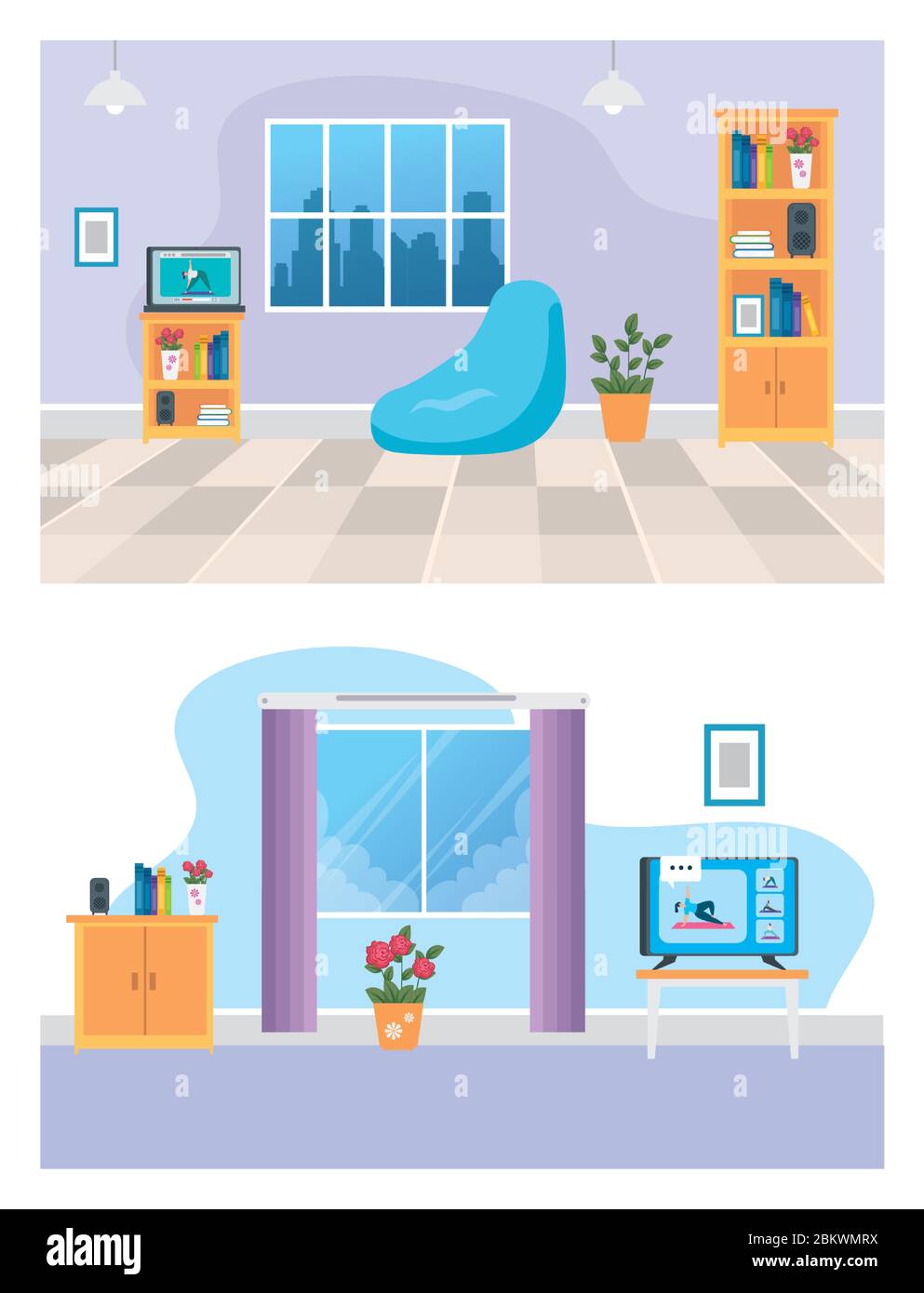 set scenes of living room with furnitures and decoration Stock Vector ...