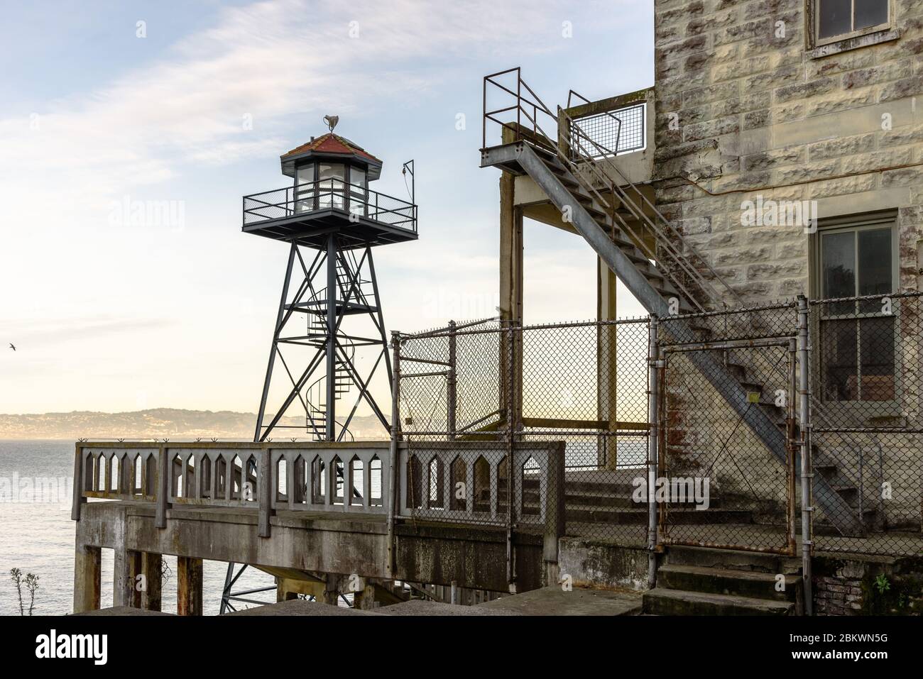 A guard tower on the outside of Alcatraz Prison overlooking San ...