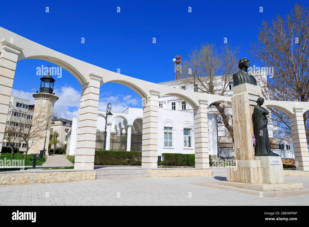 Genoese Lighthouse & Mihai Eminescu Statue, Constanta, Dobruja Region ...