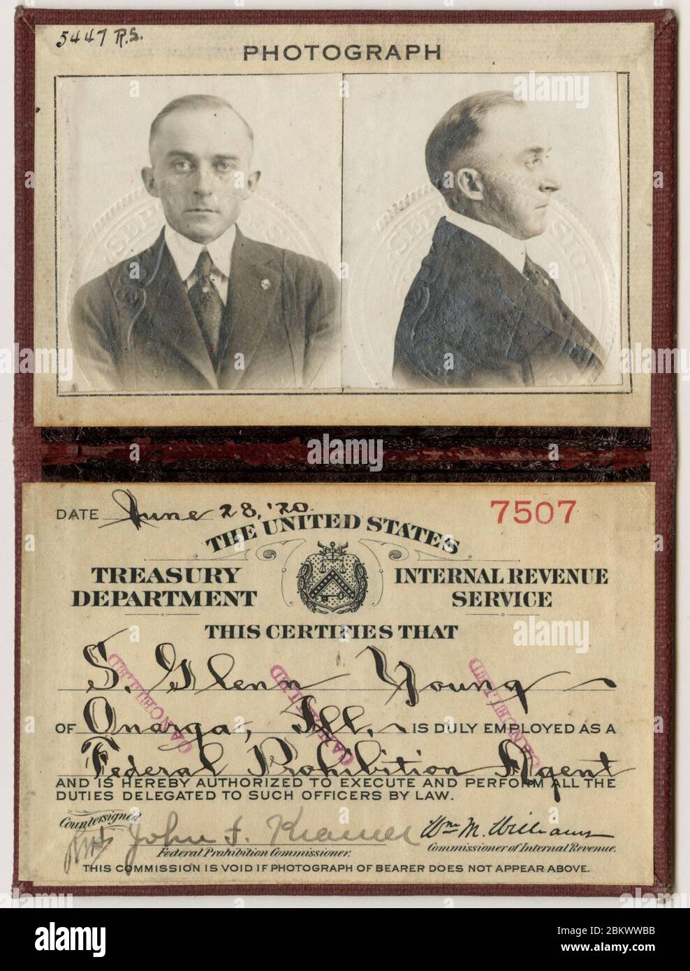 Identification Card for Prohibition Agent S. Glenn Young Stock Photo ...