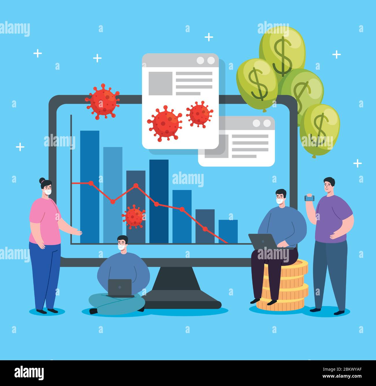 people with infographic of financial recovery in computer Stock Vector ...