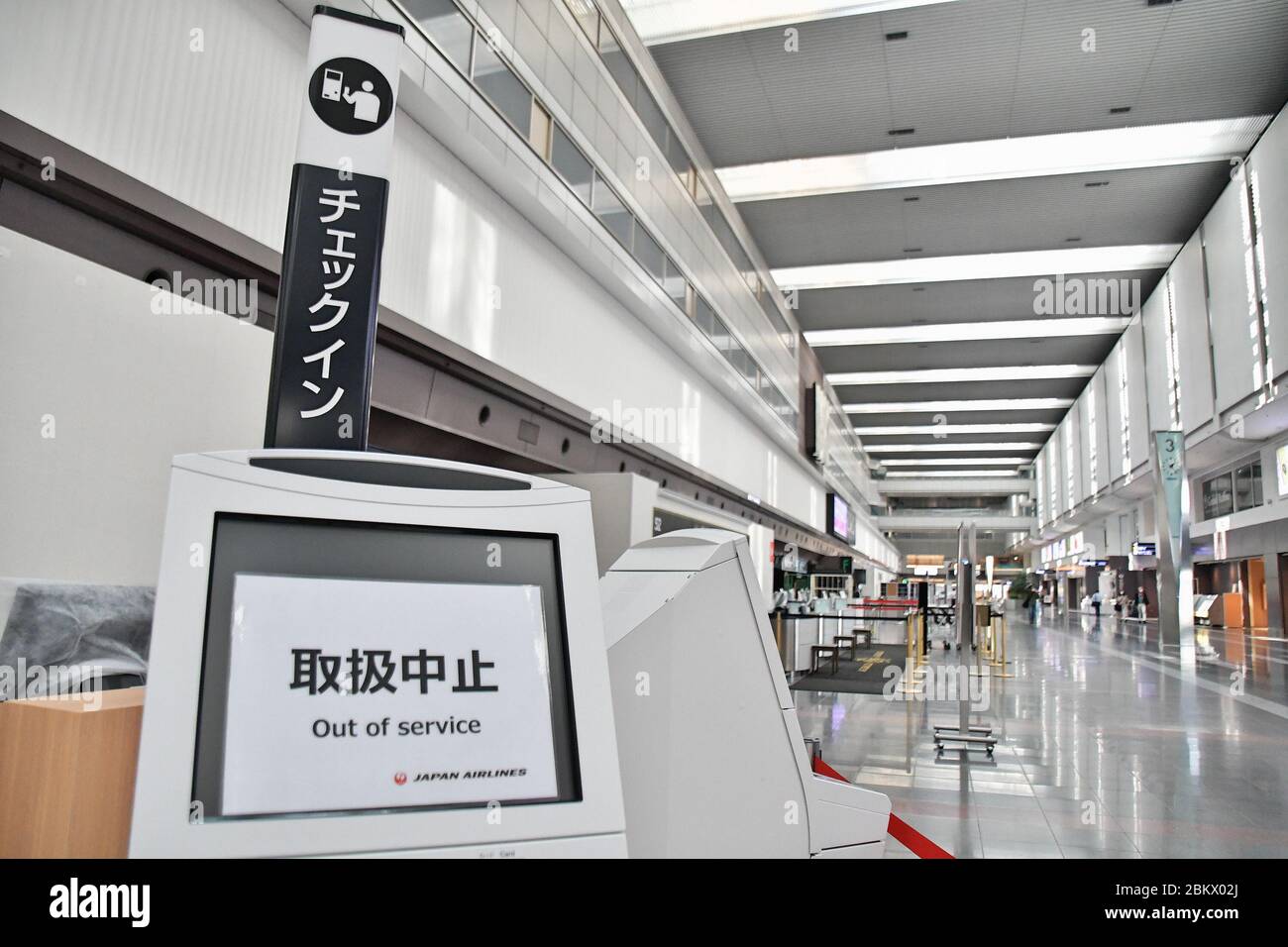 Closed check-in counters of domestic terminal are seen at Tokyo ...