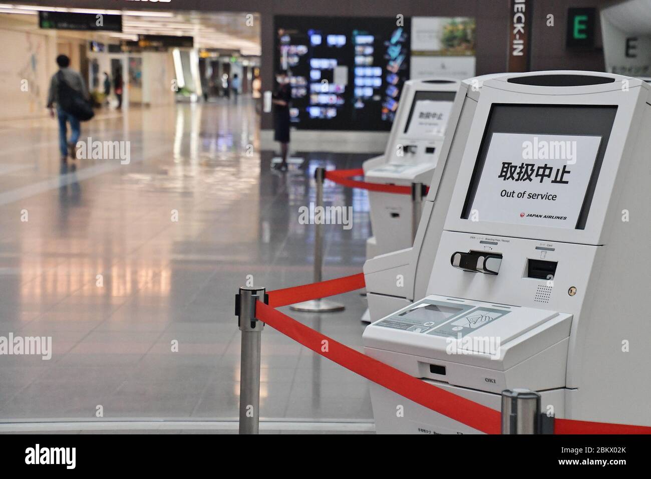 Closed check-in counters of domestic terminal are seen at Tokyo ...