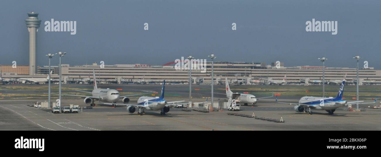 Japan Airlines (JAL) and All Nippon Airways (ANA) airplanes are seen ...