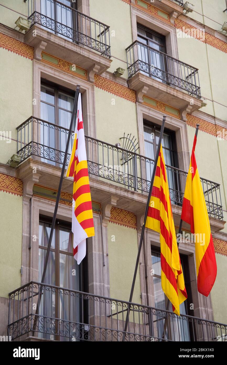 Catalonian flags in the Gothic Quarter, City of Barcelona, Spain Stock ...