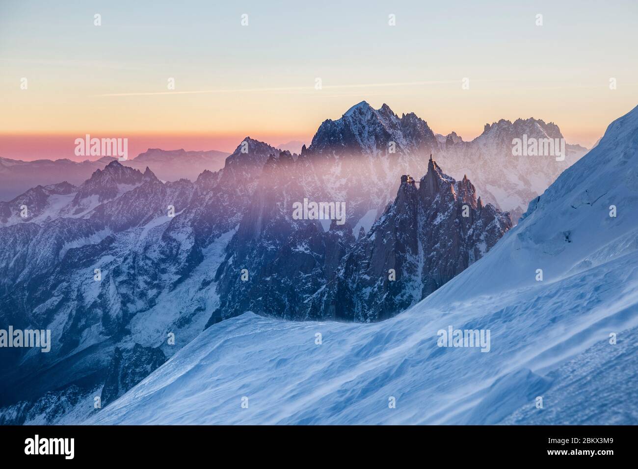 Panoramic view on rocky peaks of Aiguille du Midi at the sunrise ...