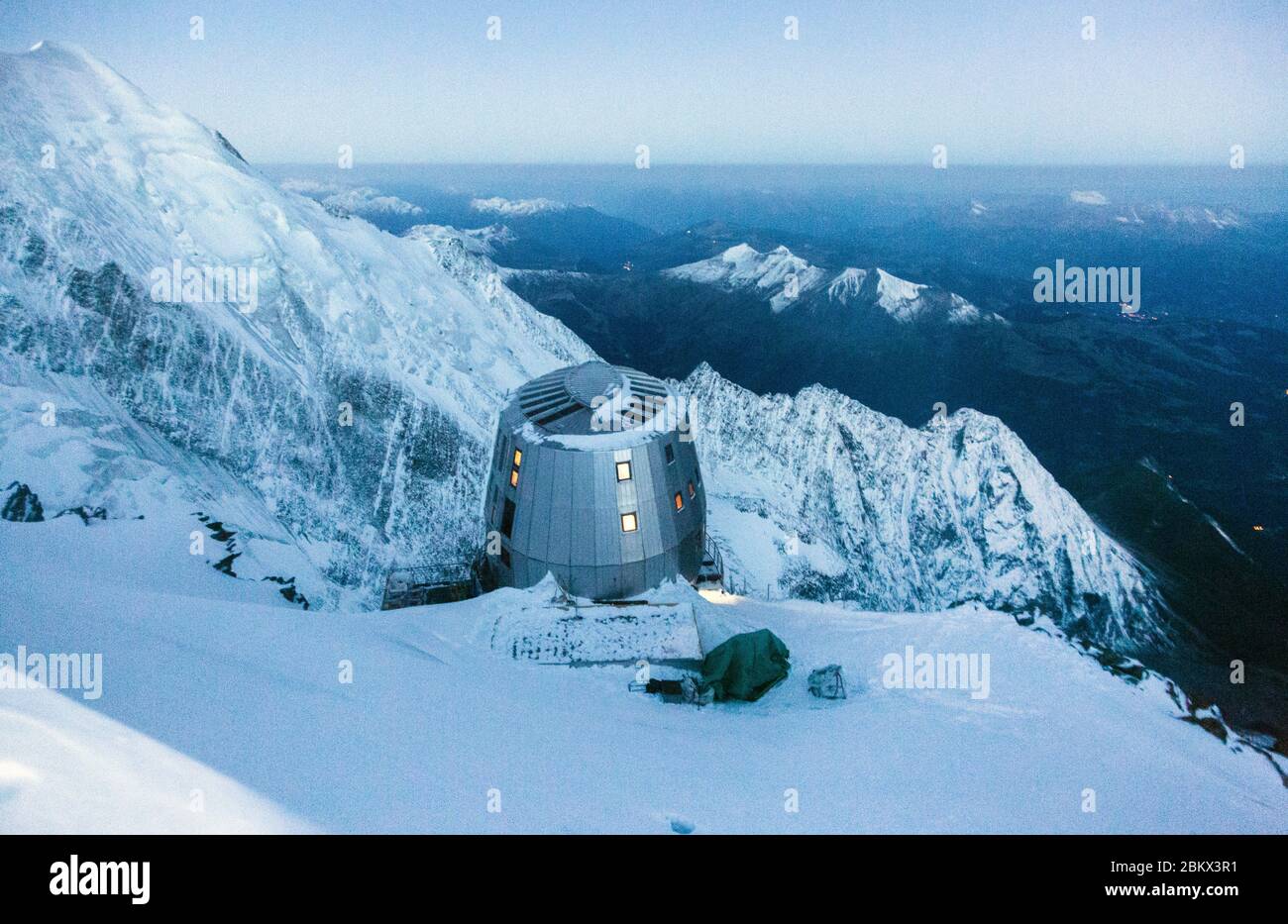 Modern refuge in the French Alps. Location Refuge du Gouter (3835 m ...