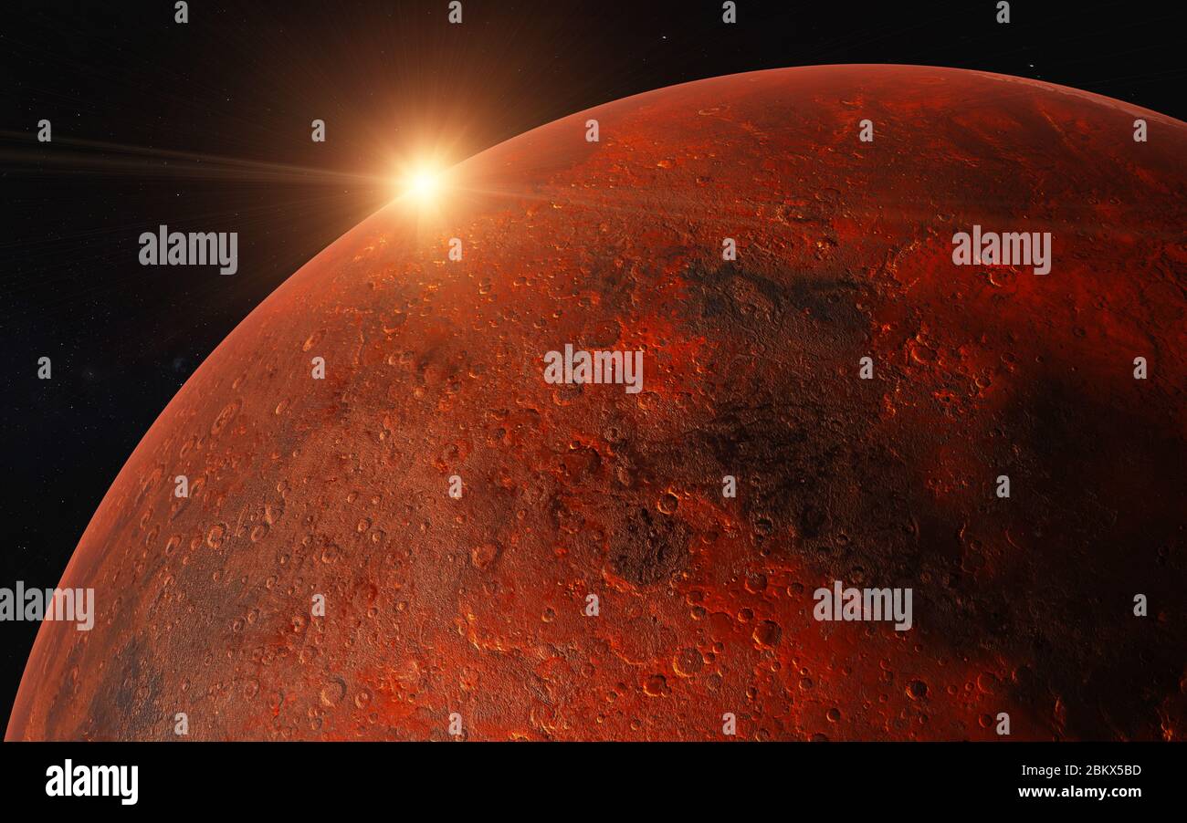 Sunrise over the Mars planet of solar system close up. 3D rendered ...