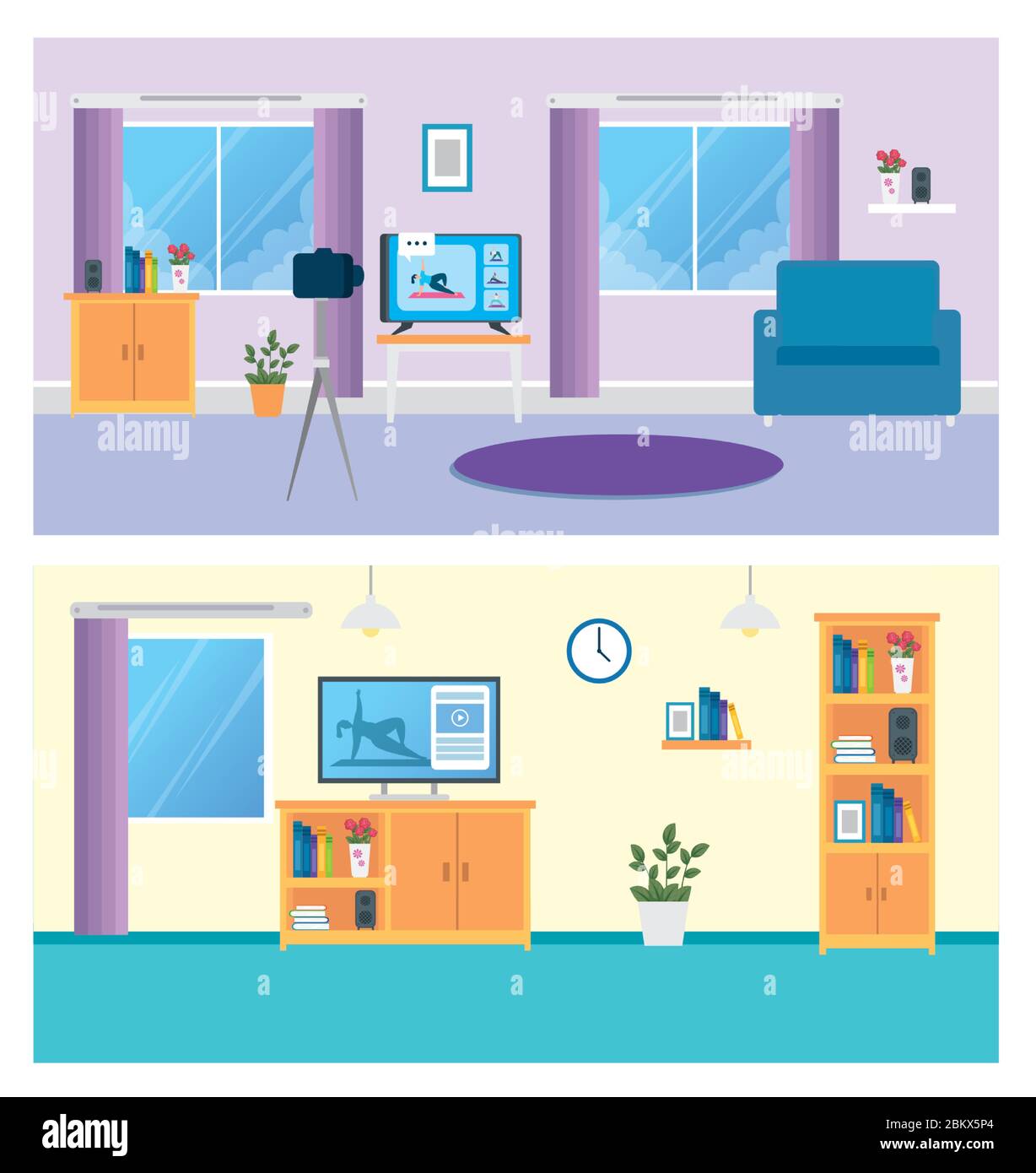 set scenes of living room with furnitures and decoration Stock Vector ...