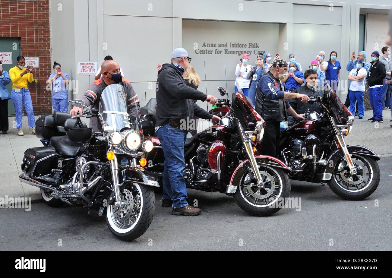 New York, USA. 05th May, 2020. Bikers rev their engines to honor the ...