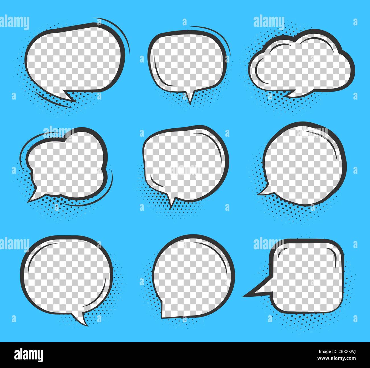 Transparent comic speech bubble set. Empty text cloud with halftone dot ...