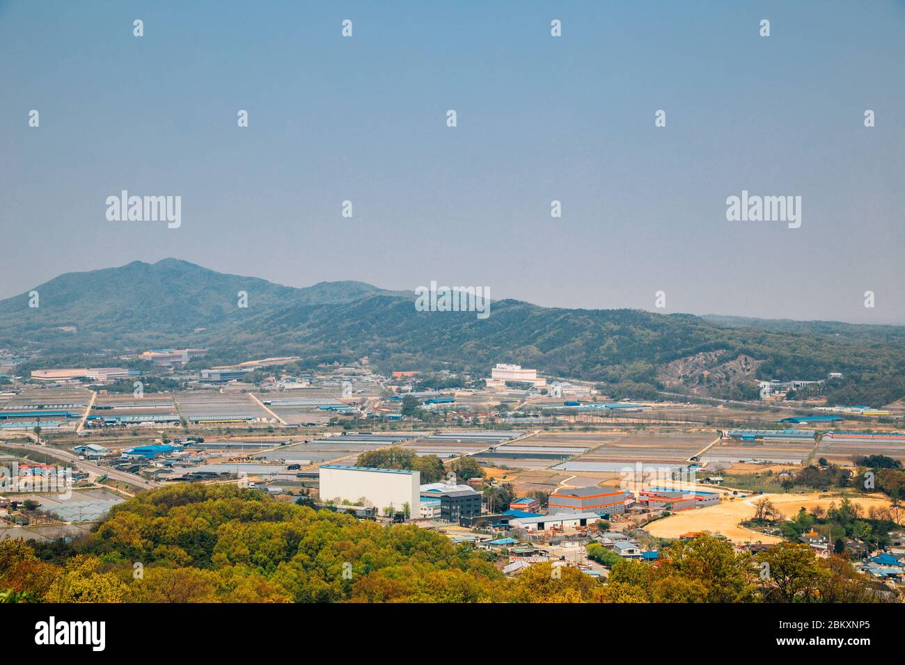 Anseong city and paddy field panorama view from Jukjusanseong mountain ...