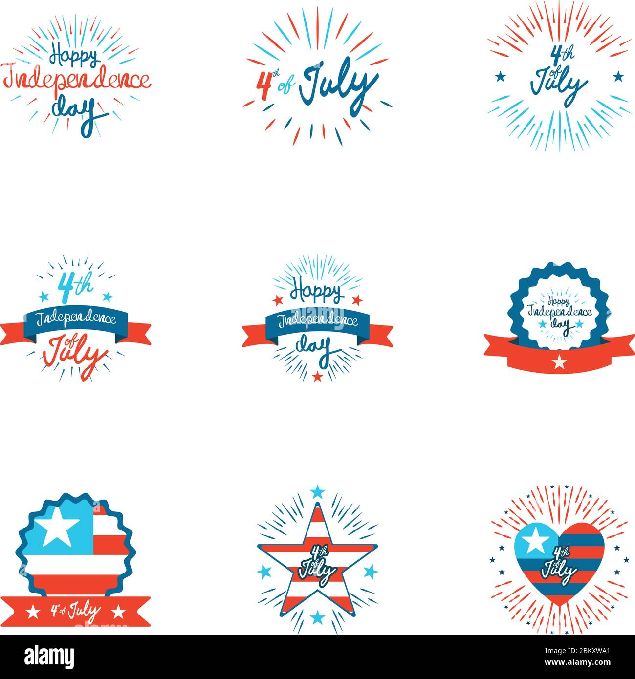 decorative bursts and 4th of july icon set over white background, flat ...