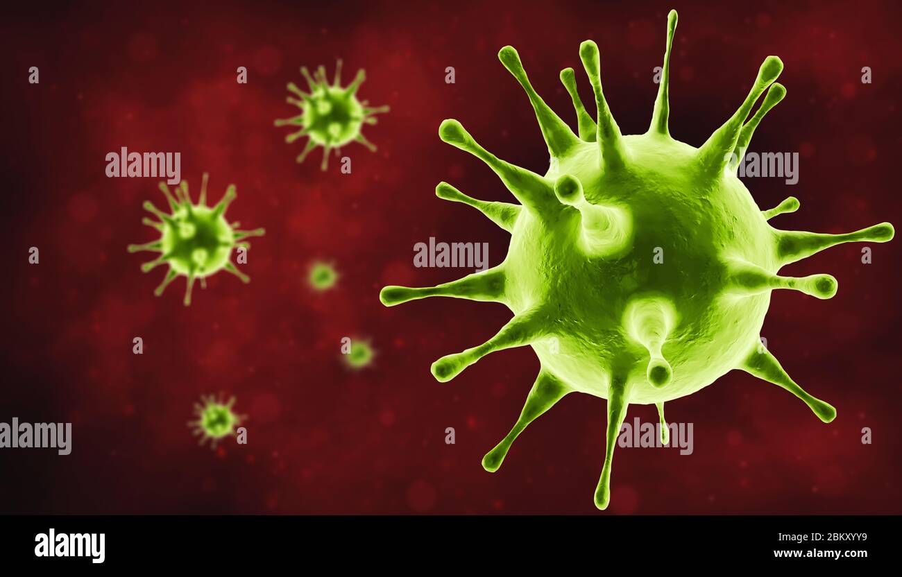 Microscopic view of influenza virus cells. 3D medical illustration ...