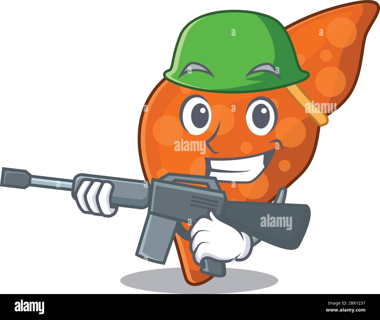 A cartoon picture of human hepatic liver in Army style with machine gun ...