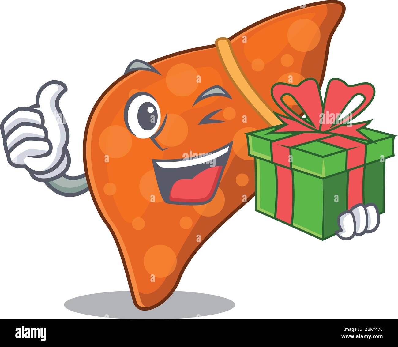 Smiling human hepatic liver cartoon character having a green gift box ...