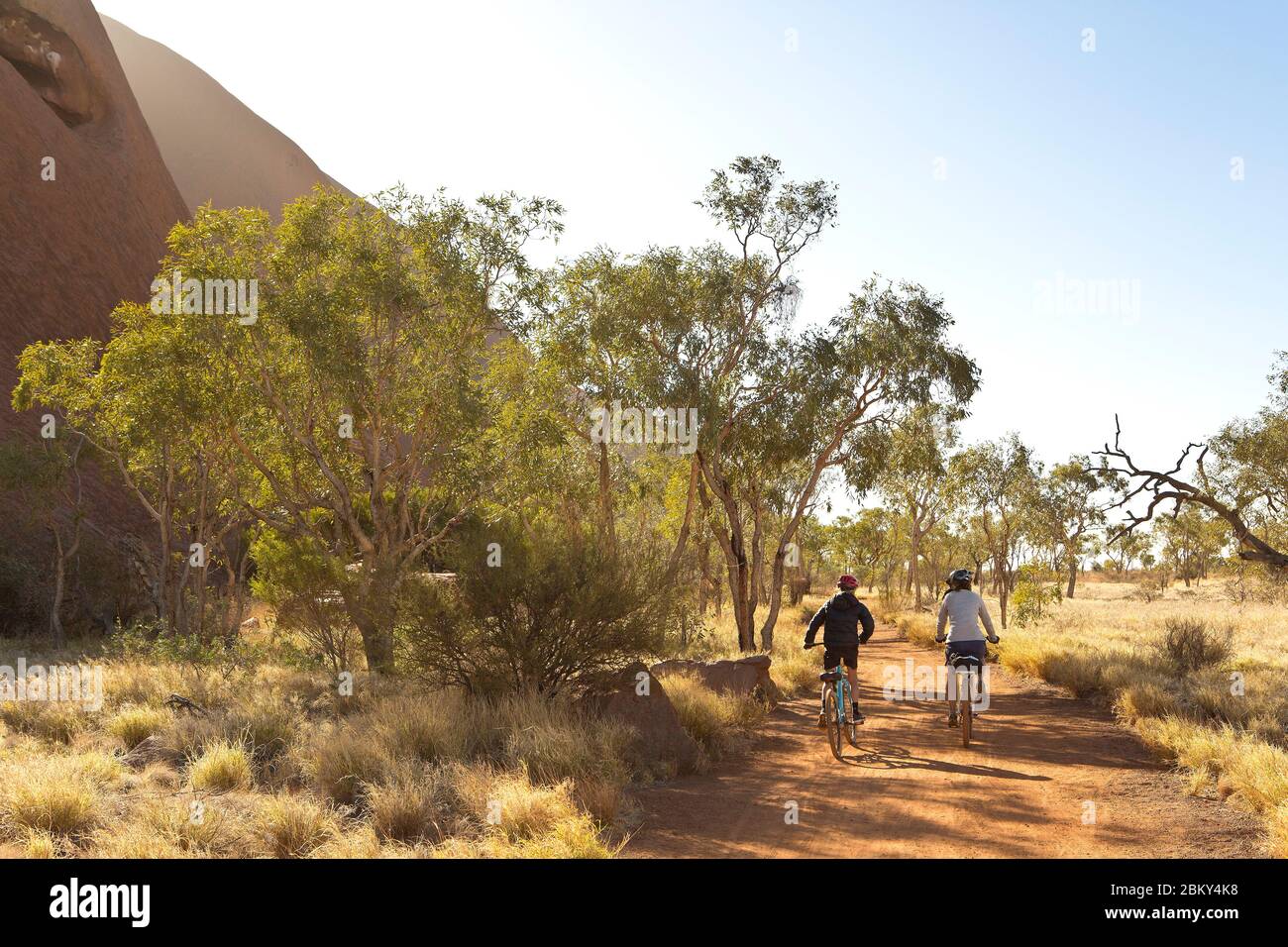 Cyclists on the track around the base of Uluru, or Ayers Rock, Northern ...