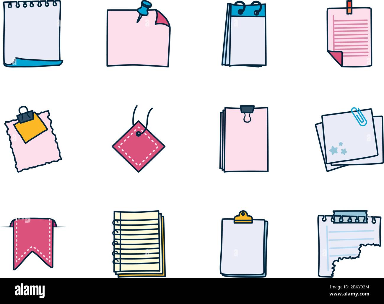 clips and notes, messages icon set over white background, line and fill ...