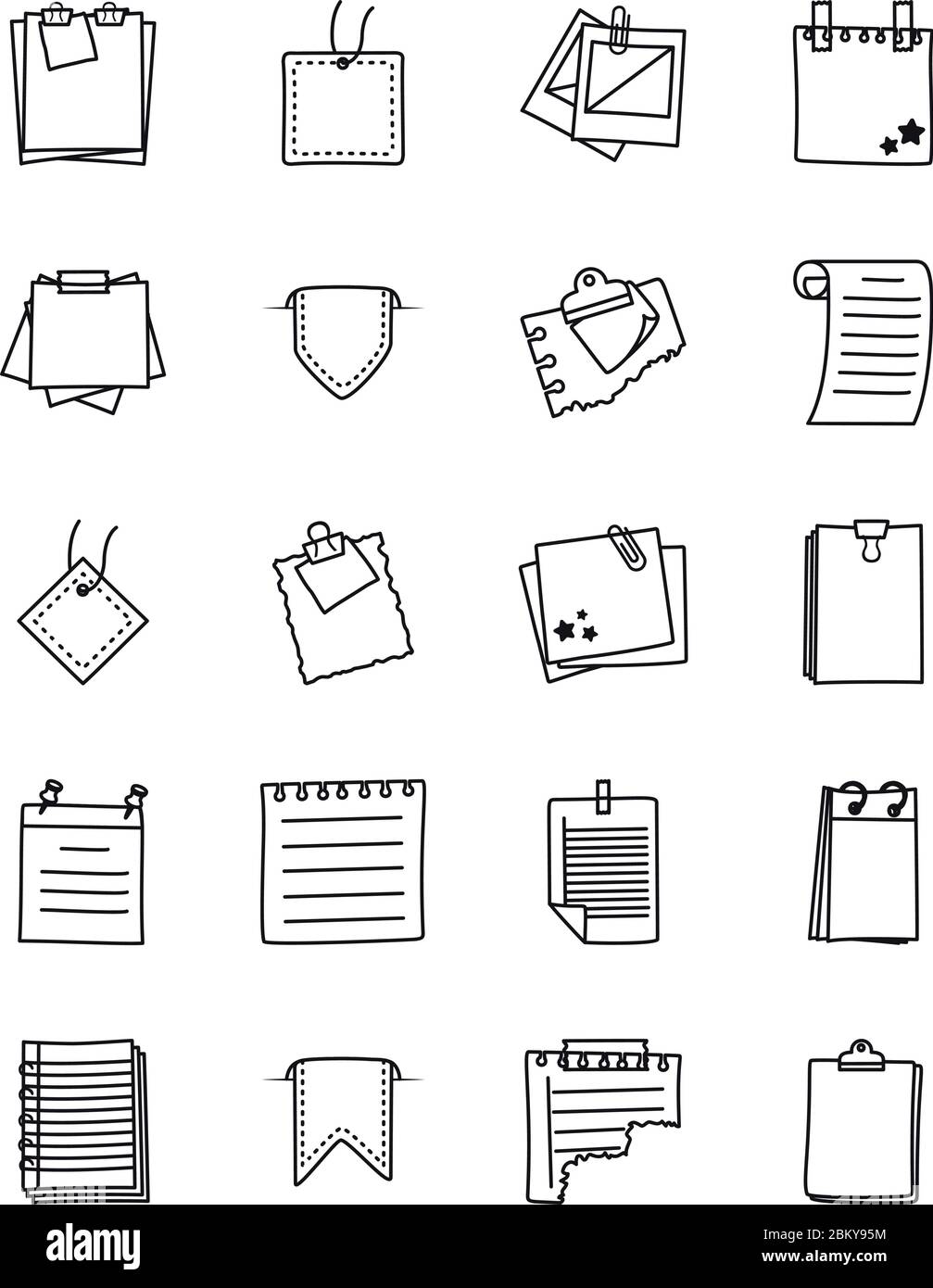 clipboard and notes icon set over white background, line style, vector ...