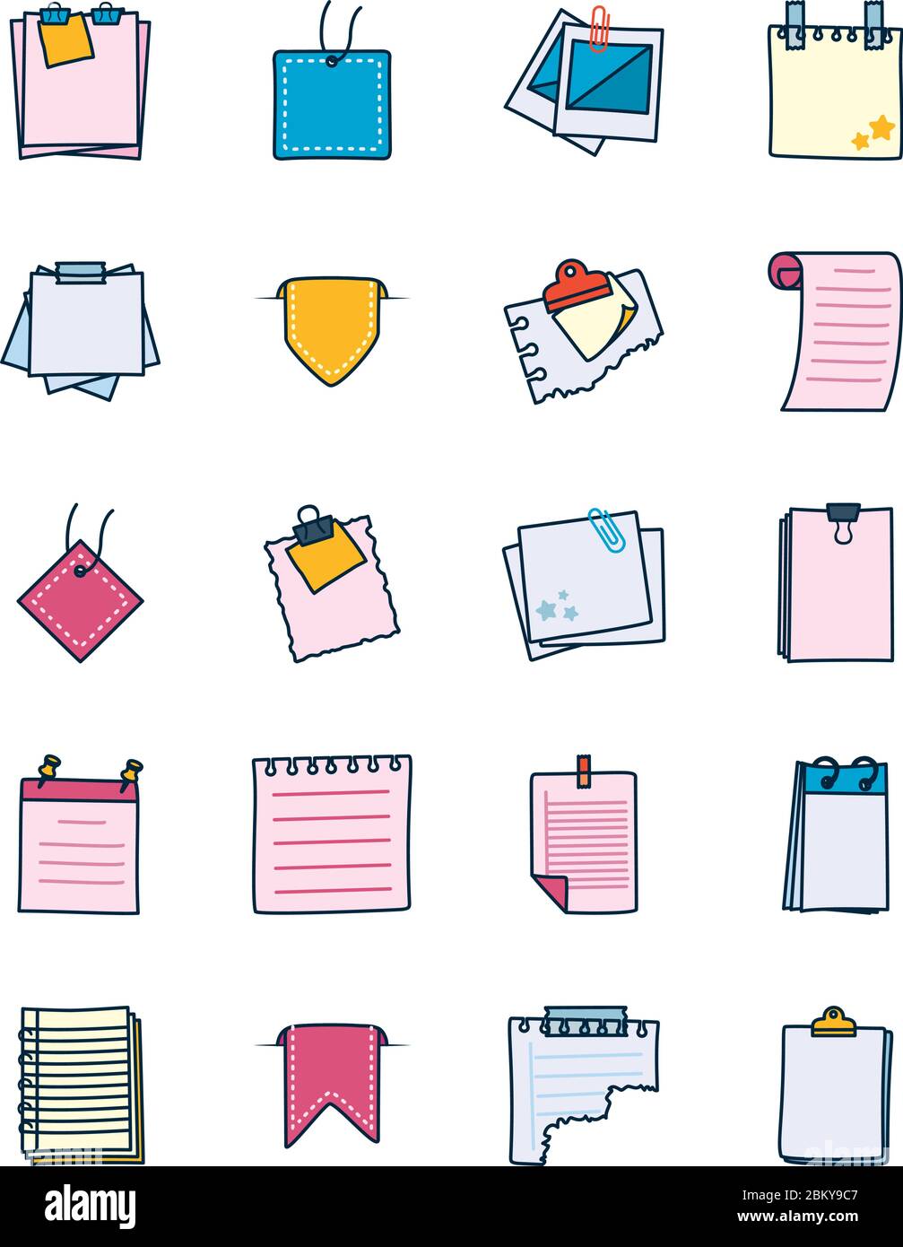clipboard and notes icon set over white background, line and fill style ...