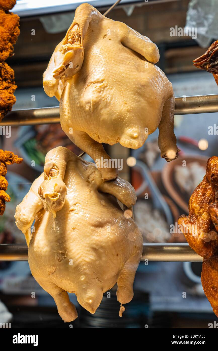 Closeup photo of whole cooked chicken displayed at Chinese restaurant ...