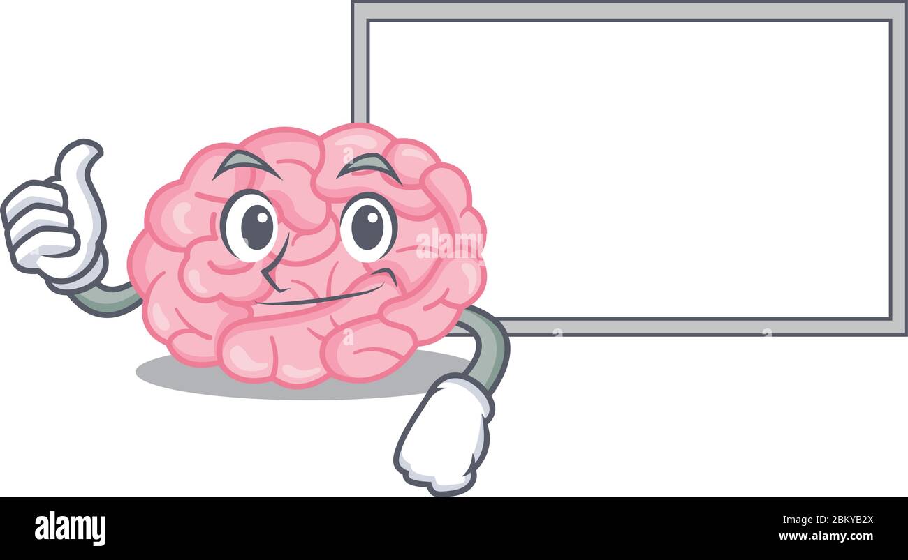 Humorous human brain cartoon design Thumbs up bring a white board Stock ...