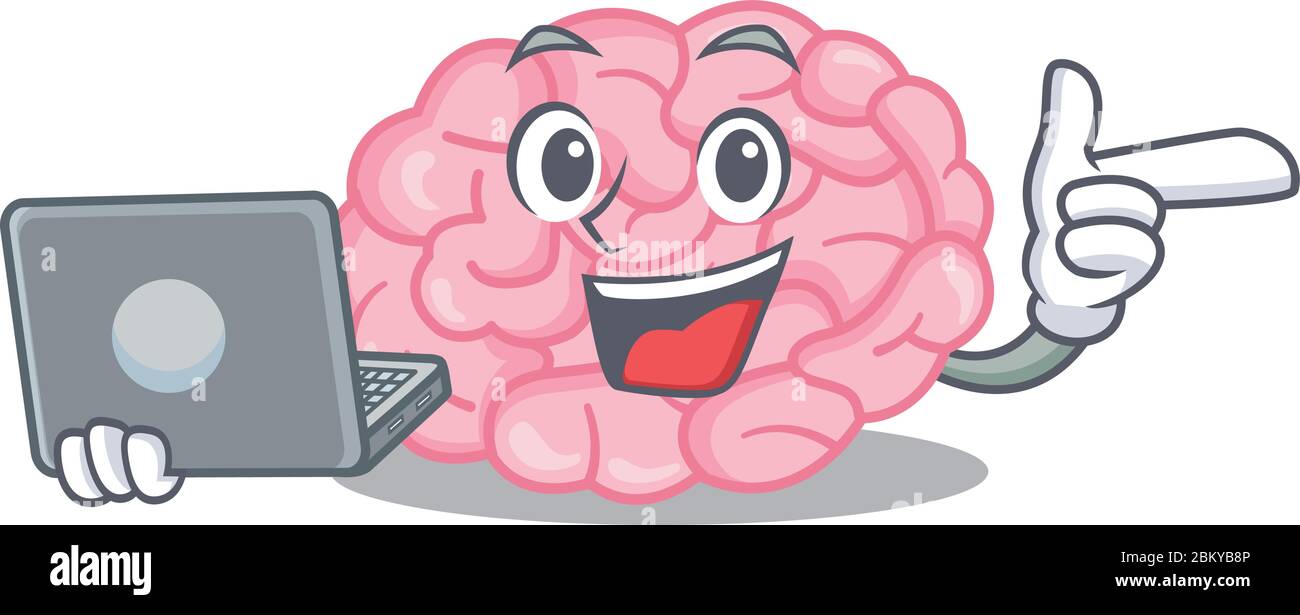 Cartoon character of human brain clever student studying with a laptop ...