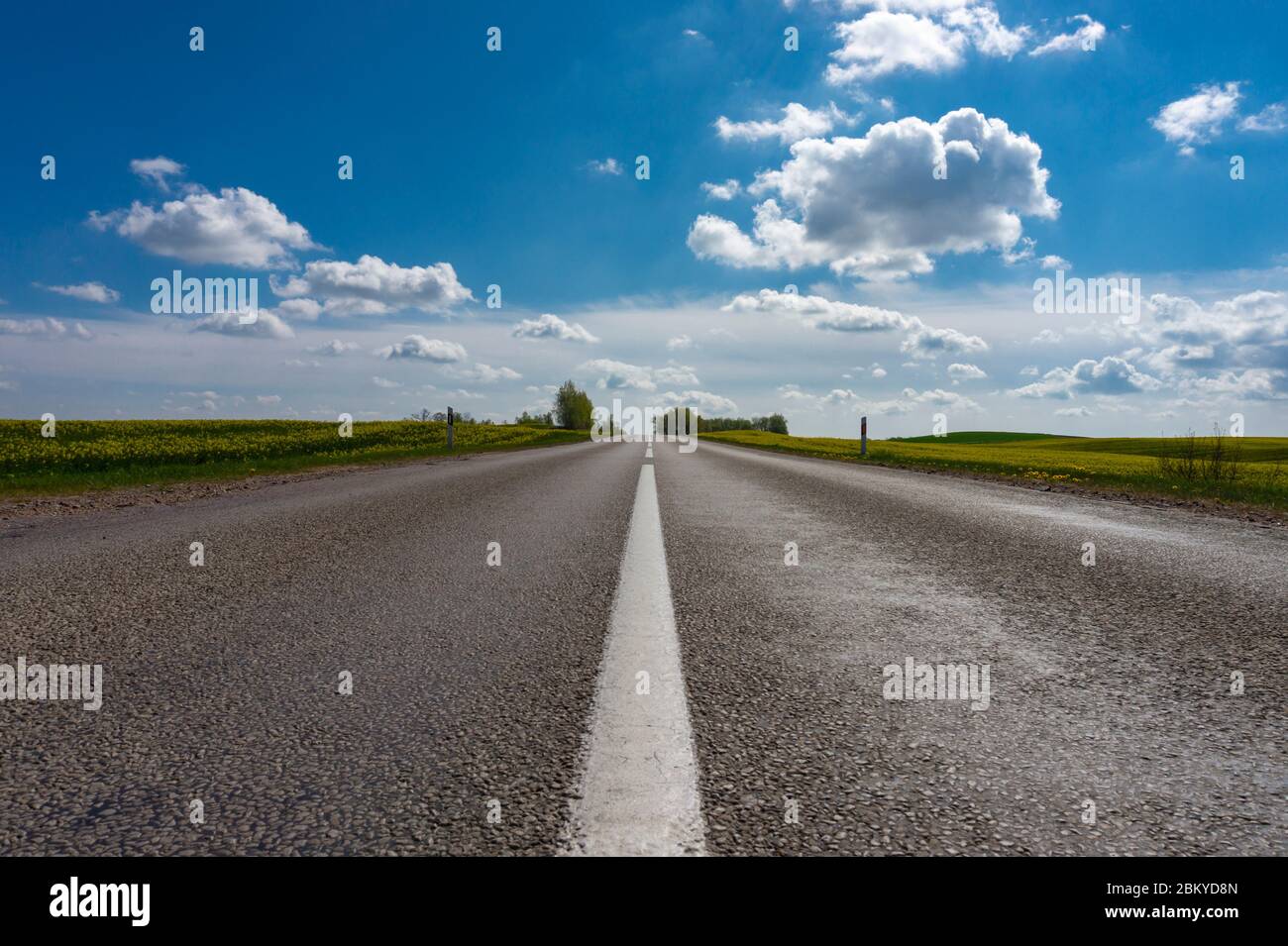 Low angle view of a tarred road receding into the distance in open ...