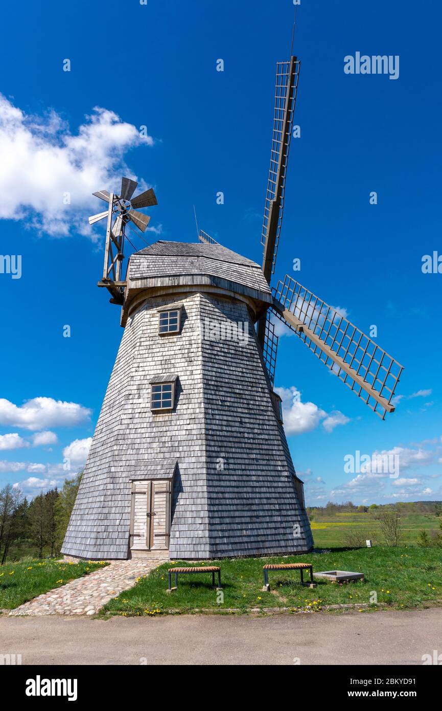 Historic windmill in a lush green field in spring against a sunny blue ...