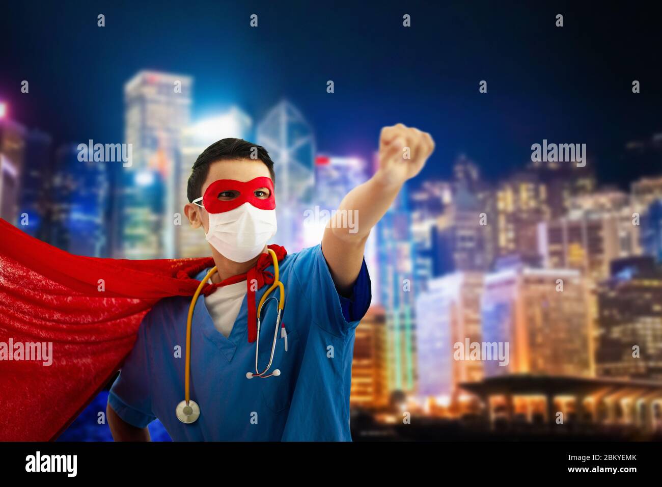 Asian doctor wearing surgical face mask in superhero cape with Hong ...