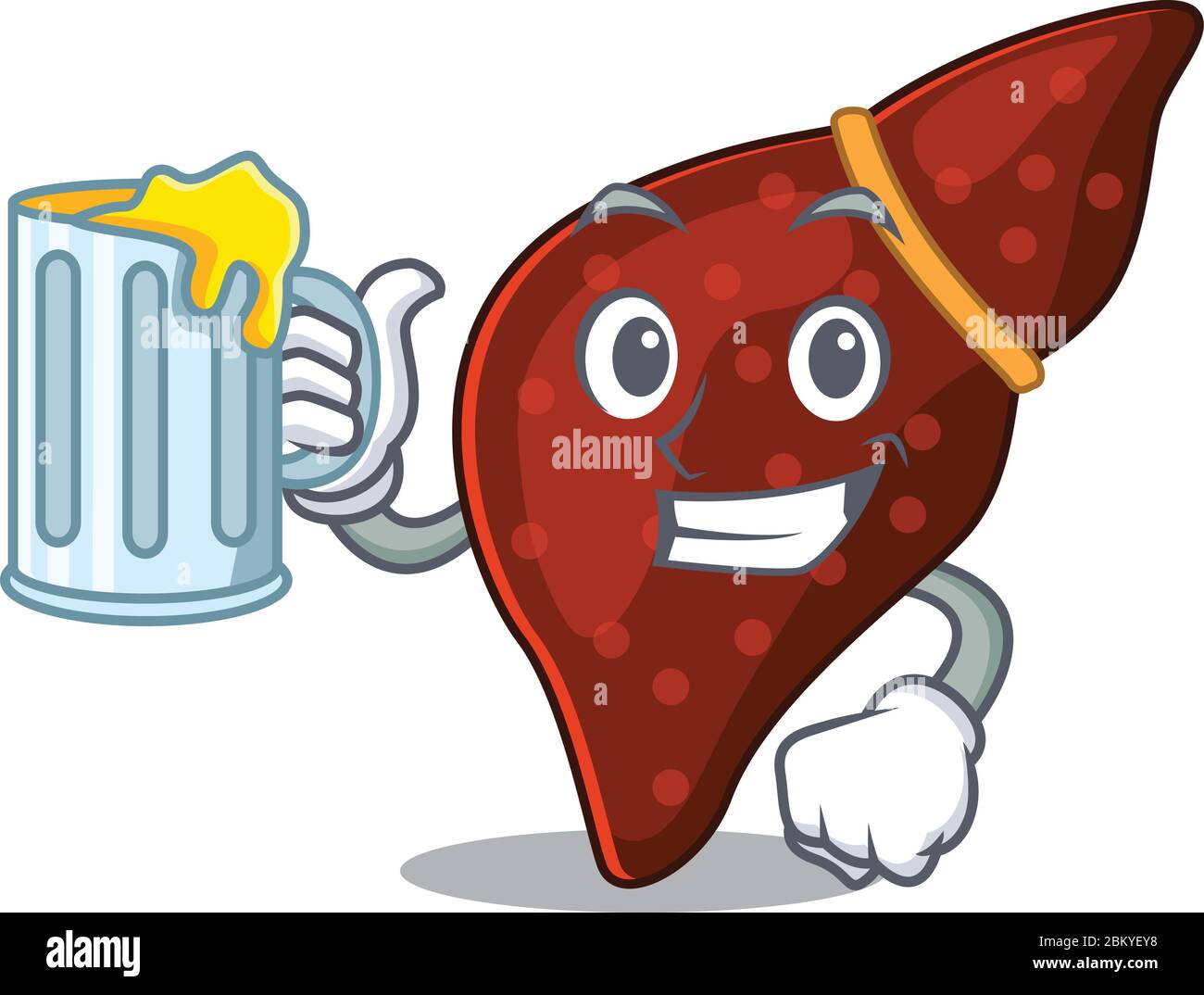 A cartoon concept of human cirrhosis liver rise up a glass of beer ...