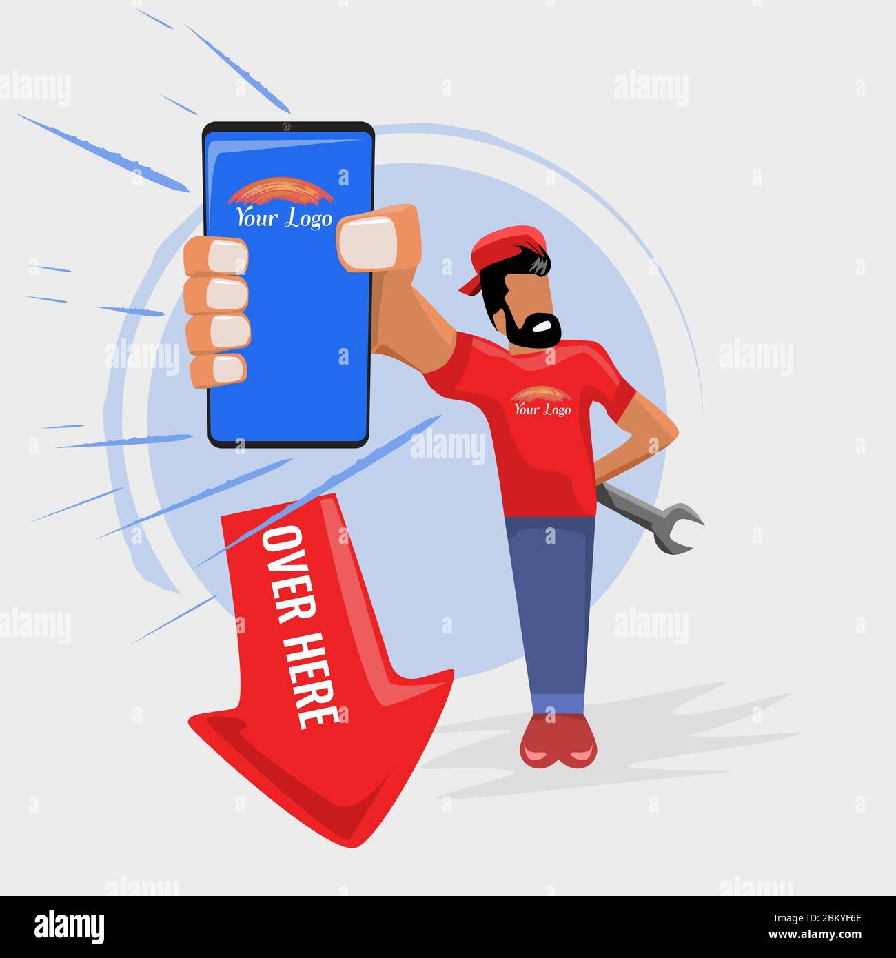 Handyman Cartoon repair master man character holding smartphone device ...
