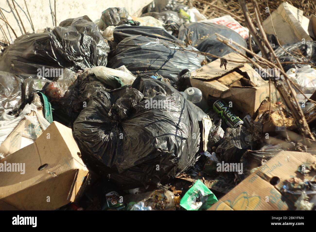 03-05-2020. Syktyvkar, Russia. Heap of garbage with bags, plastic, dry ...